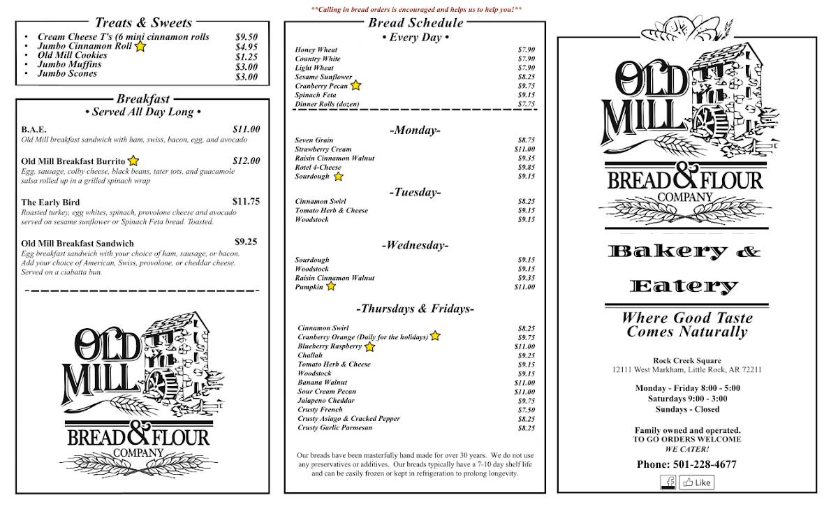 Menu at Old Mill Bread Bakery & Eatery, Little Rock