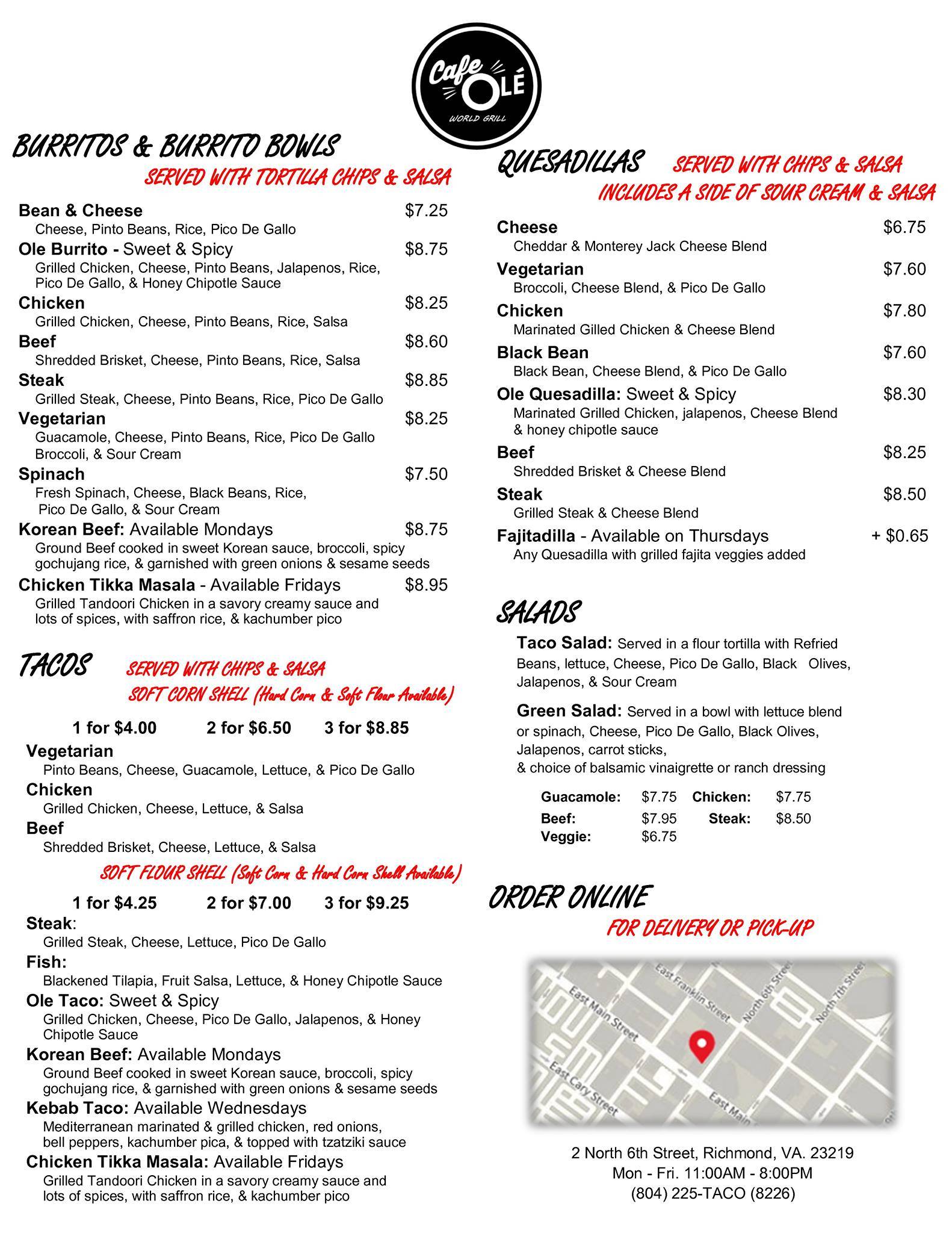 Menu at Cafe Ole, Richmond, 2 N 6th St