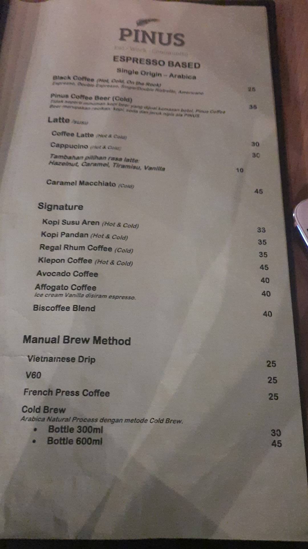 Carta del café Pinus Coffee & Eatery, Bekasi