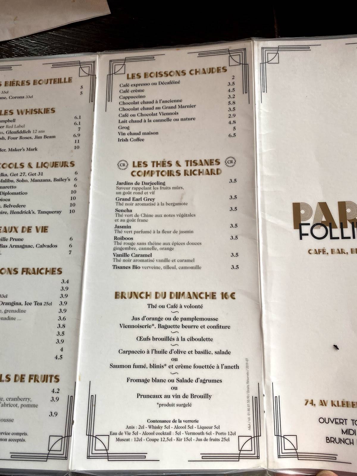 Menu at Paris Follie's cafe, Paris