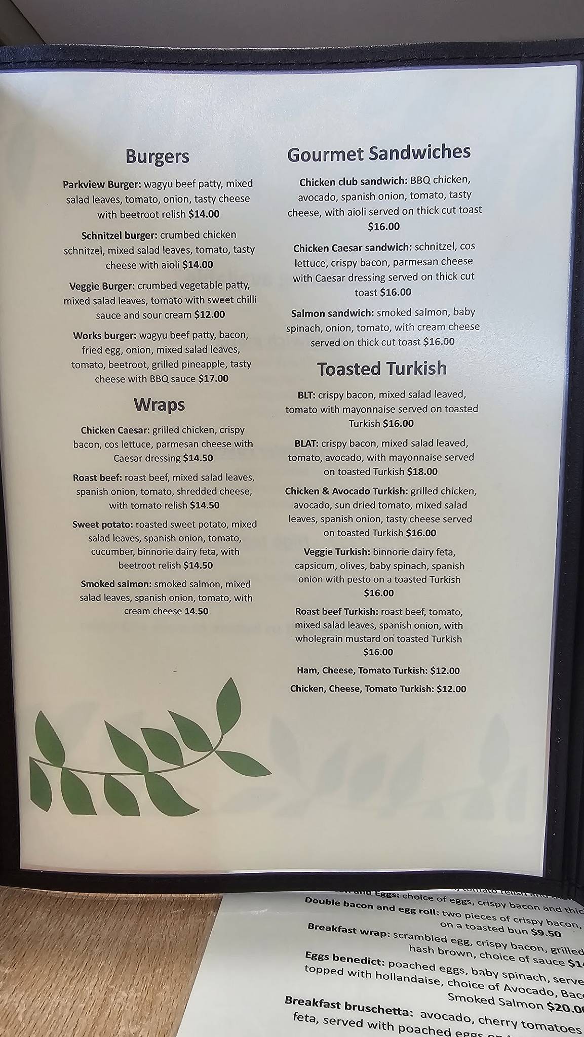 Menu at Parkview Cafe, Singleton, Town Head Park