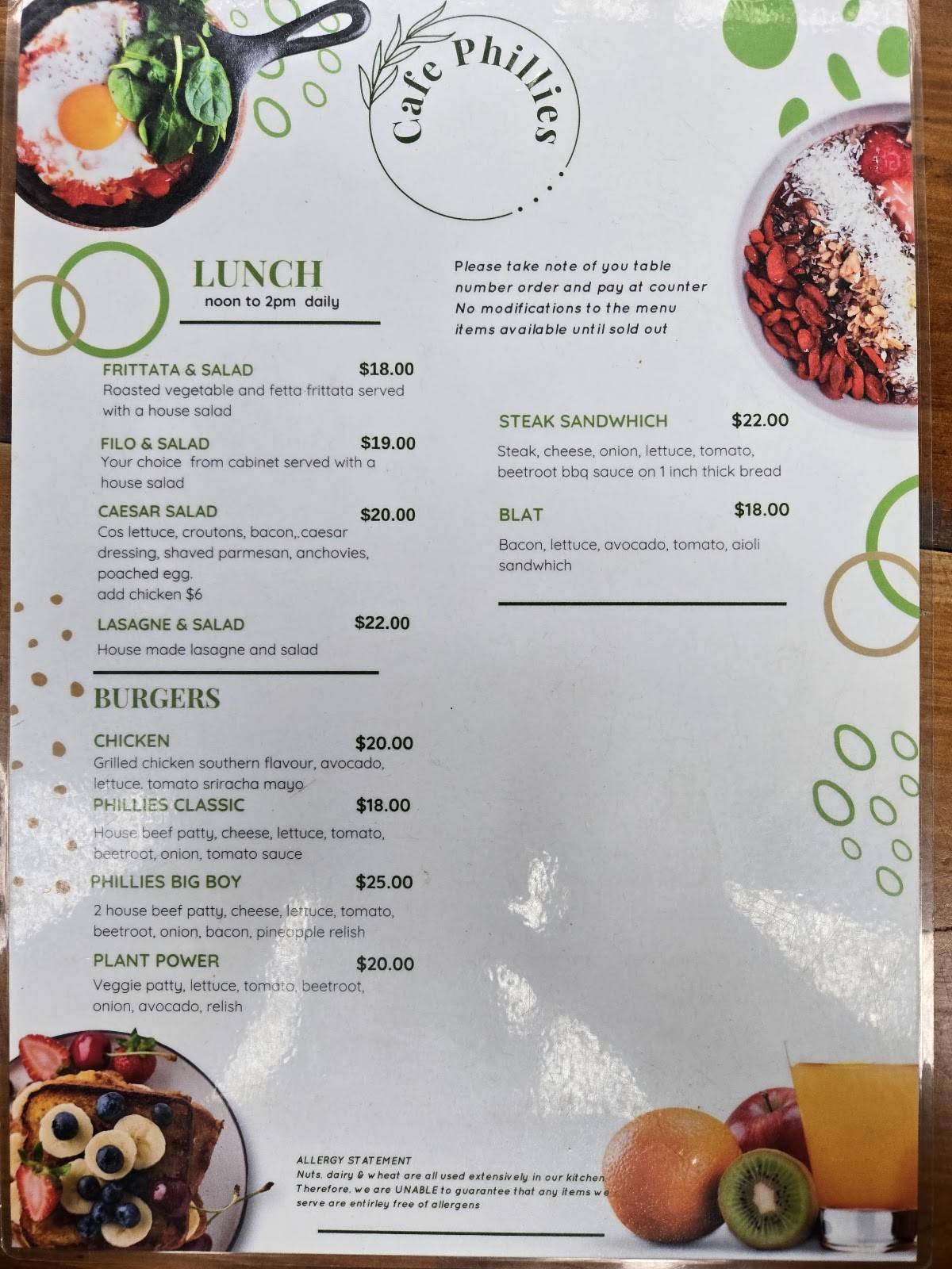 Menu at Cafe Phillies on Beerburrum, Beerburrum