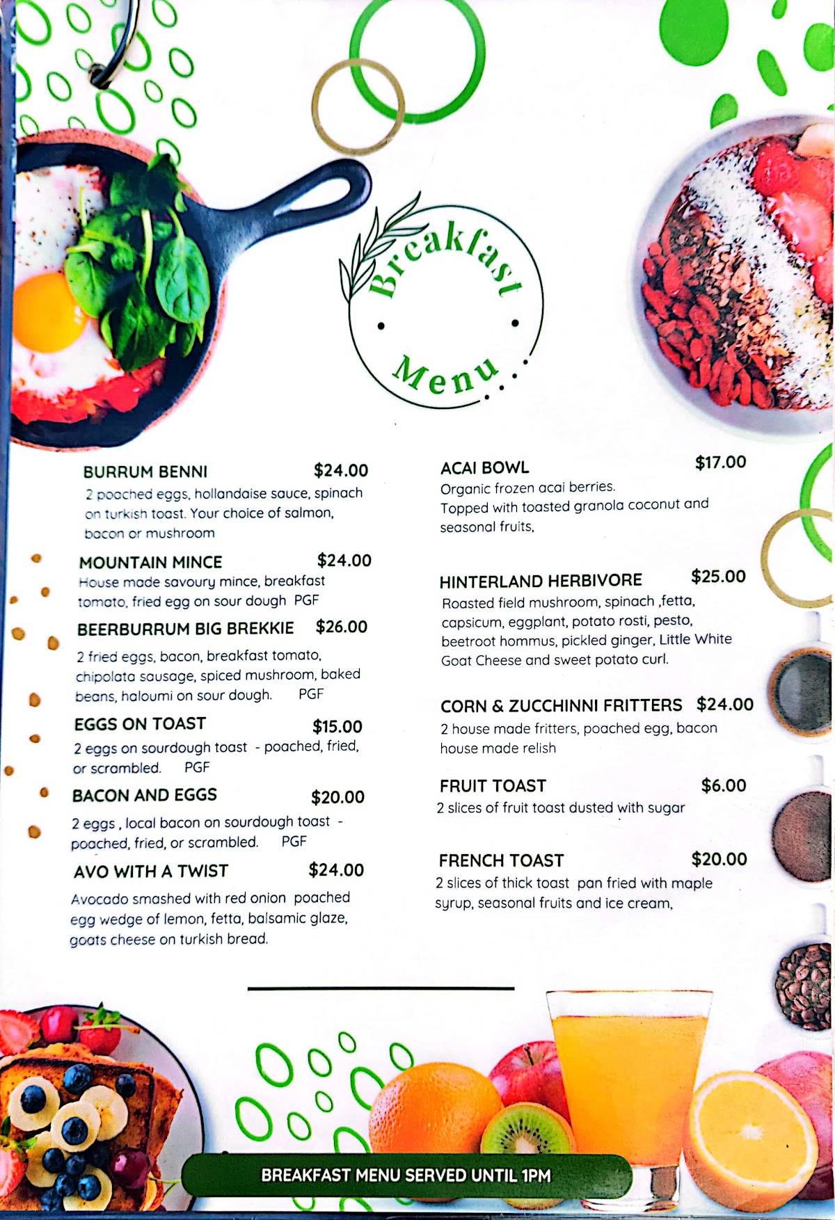 Menu at Cafe Phillies on Beerburrum, Beerburrum