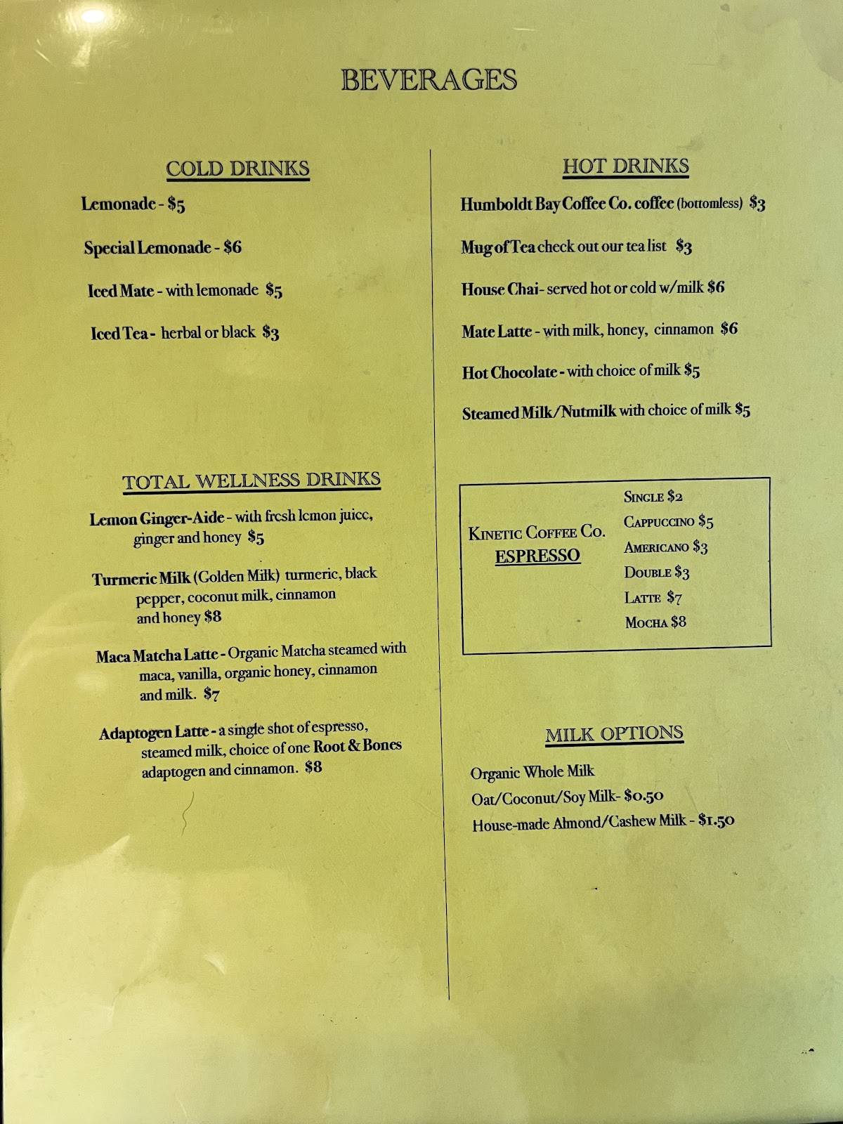 Menu at Cafe Phoenix, Arcata