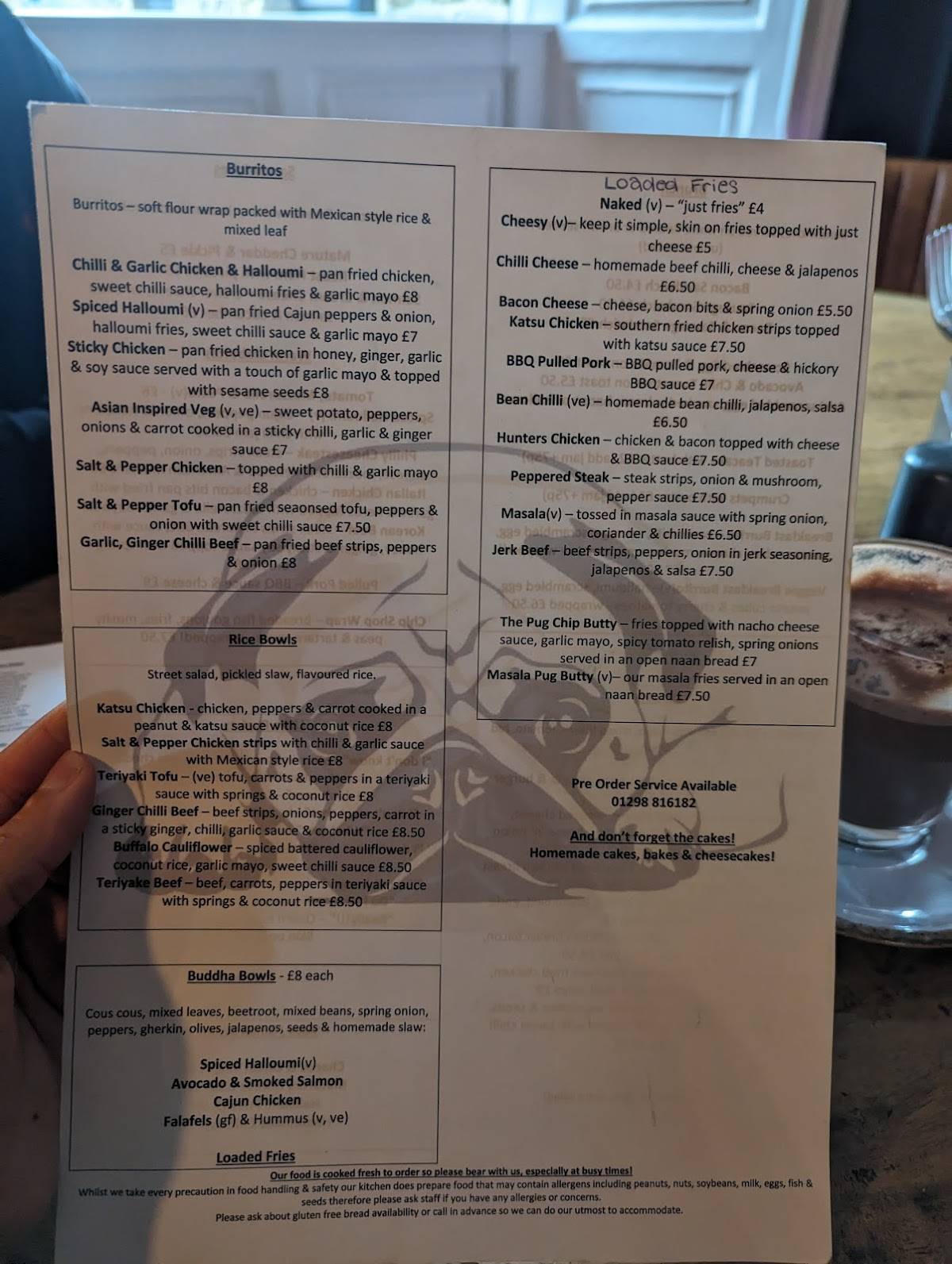 Menu at Pug and Pudding cafe, Chapel-en-le-Frith