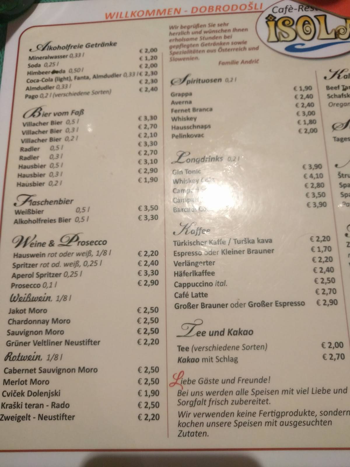 Menu au Cafe Restaurant Isola, Klagenfurt
