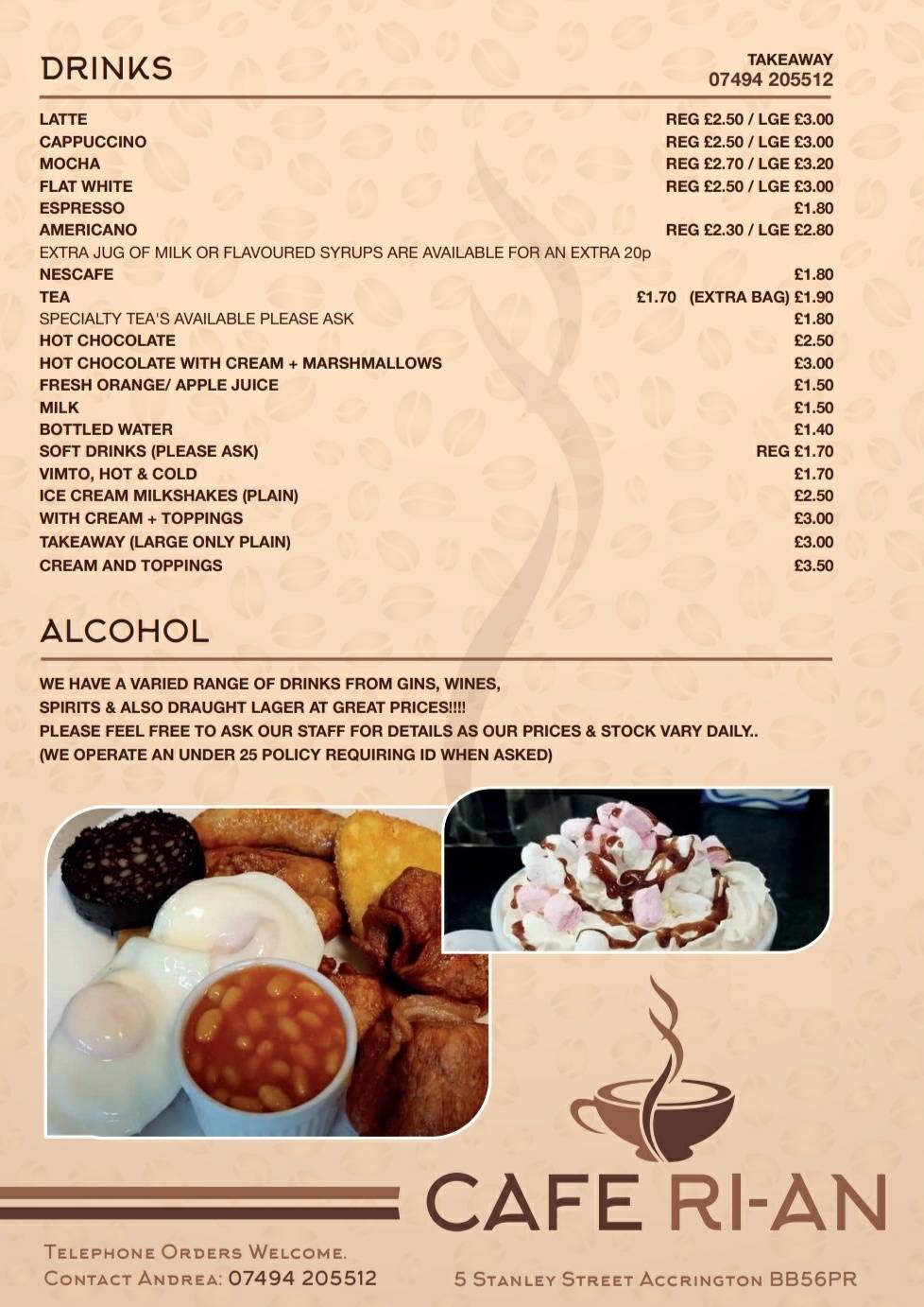Menu at Cafe Ri-An, Accrington