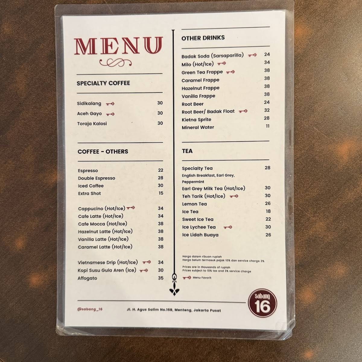 Menu at Sabang 16 Kopi & Srikaya cafe, Central Jakarta, Jl. H. Agus ...