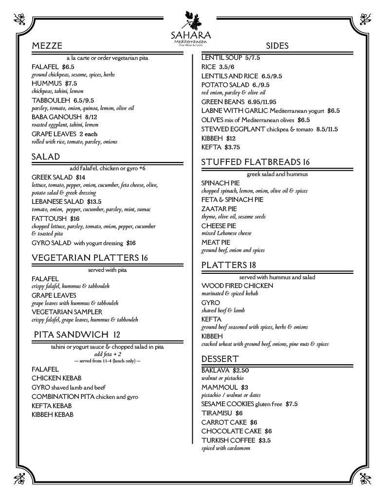 Menu at Sahara Mediterranean Fine Wine & Food restaurant, Largo