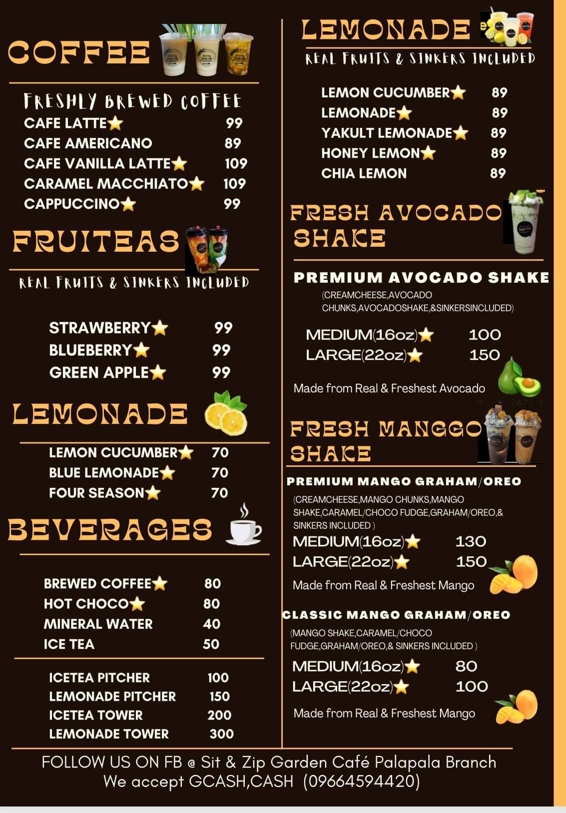 Menu at Sit And Zip Garden Cafe Pala Pala, Dasmariñas