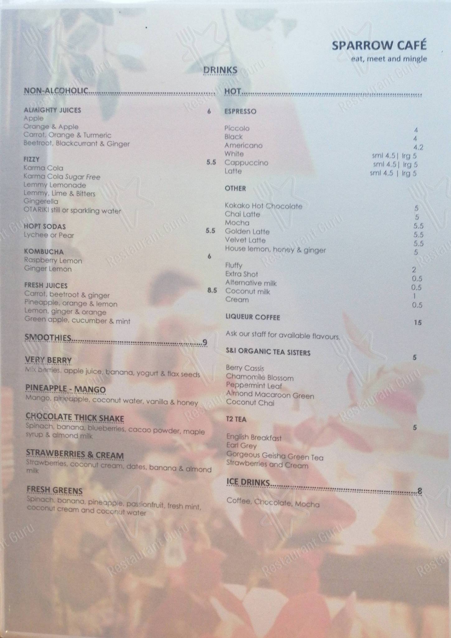 Menu at Sparrow Cafe, Auckland