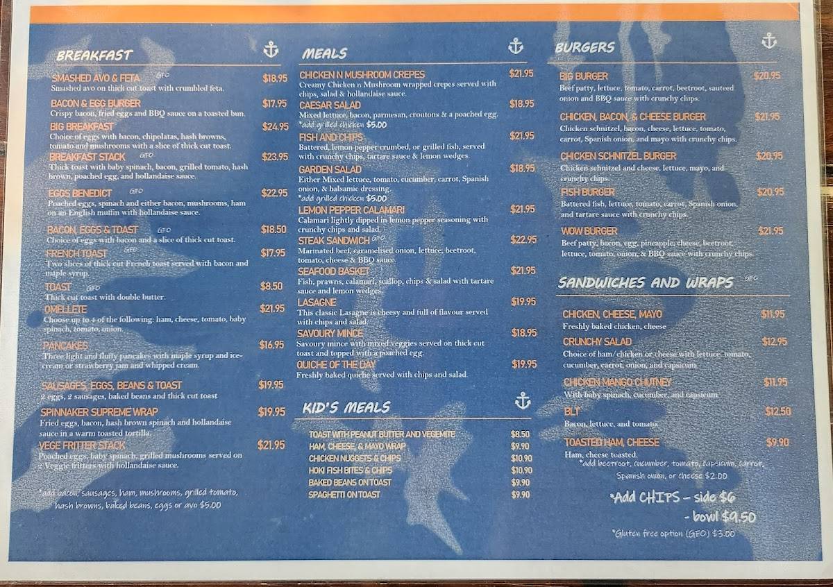 Menu at Cafe Spinnaker Park, Gladstone Central, 222 Alf Orourke Dr