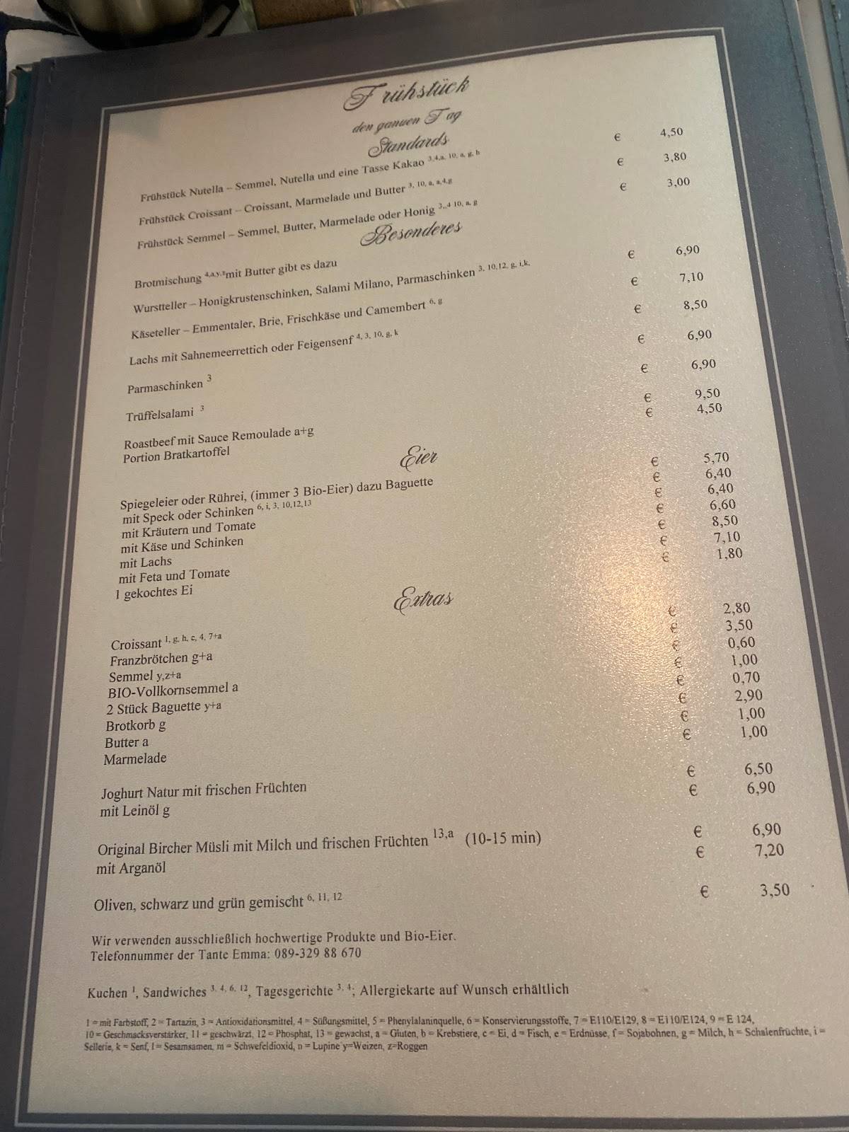 Speisekarte von Tante Emma Restaurant und Café, München