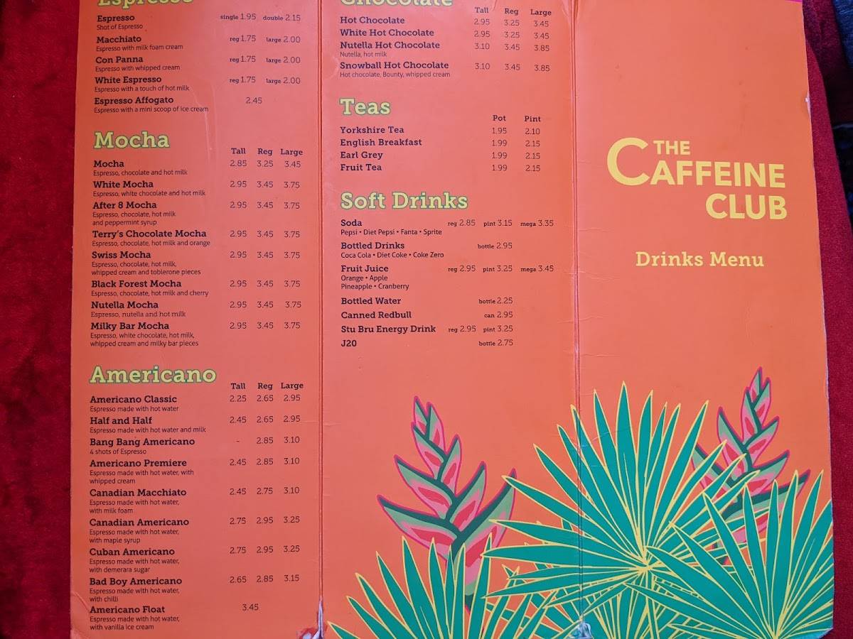 Menu at The Caffeine Club, Plymouth