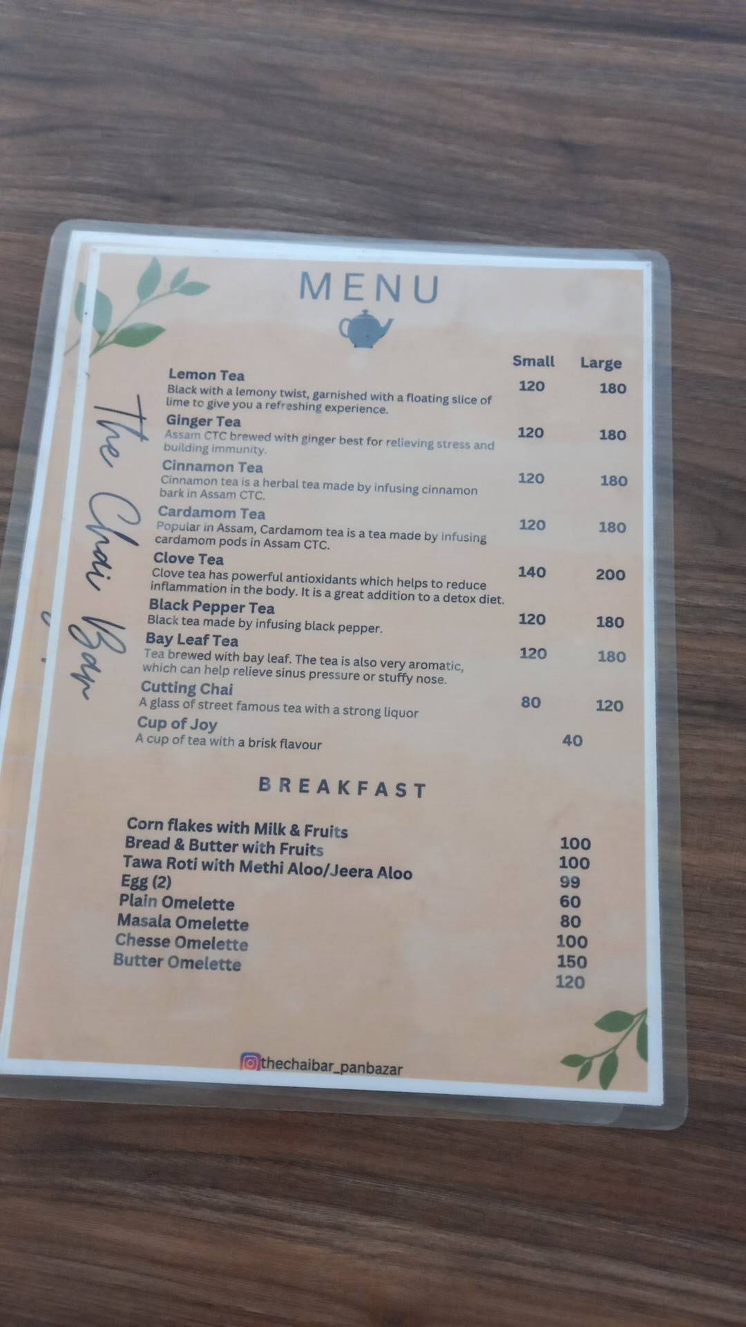Menu at The Chai Bar, Guwahati