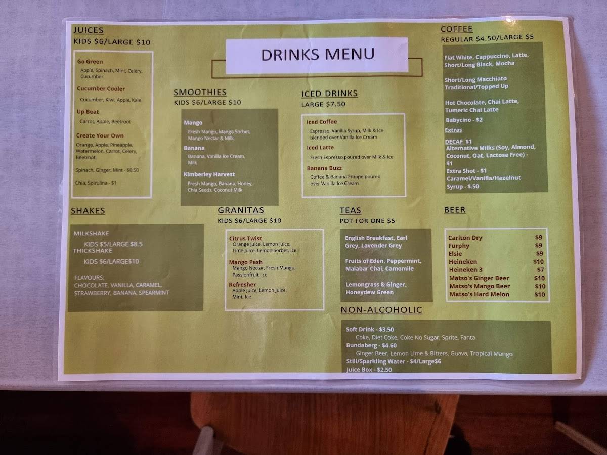 Menu at The Green Mango Cafe, Broome