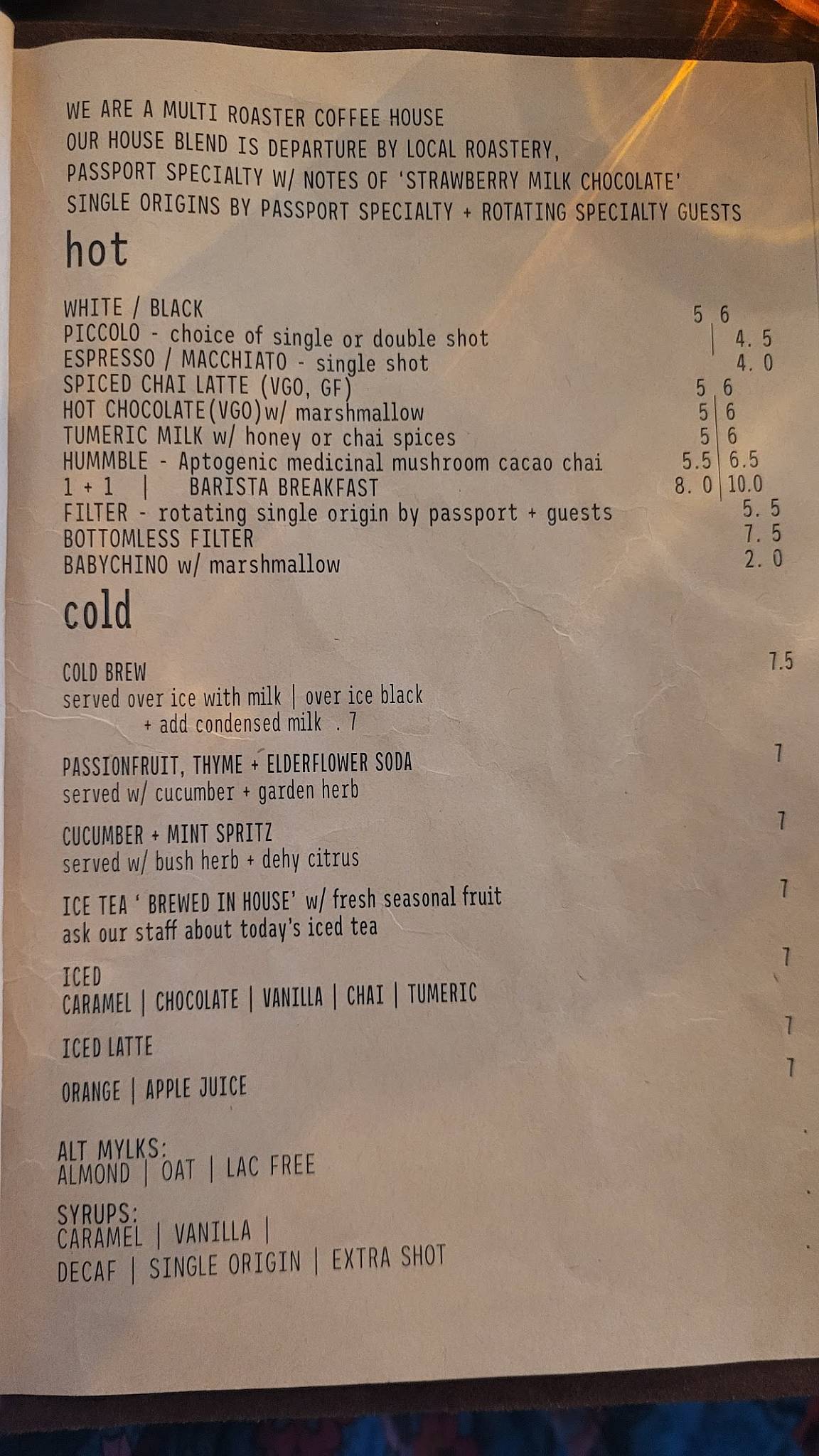Menu at The Hideout Coffee House, Narangba