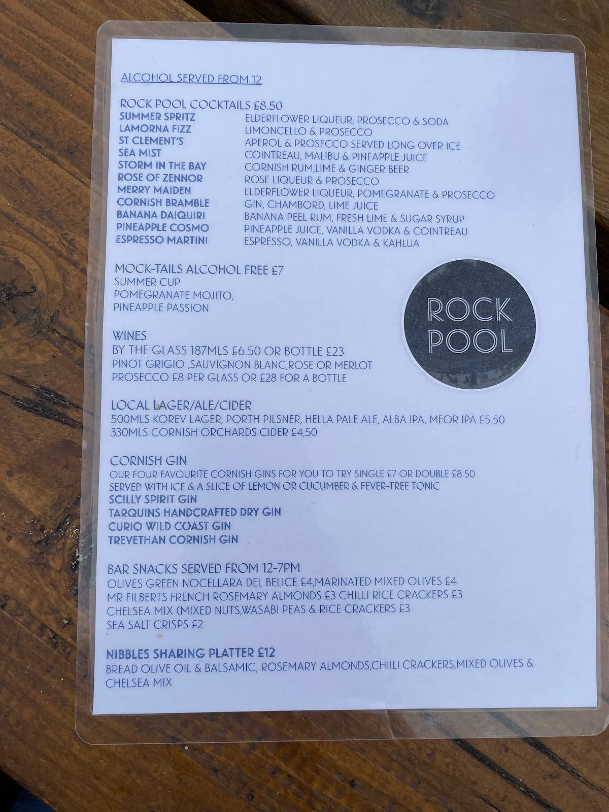 Menu at The Rock Pool Cafe, Penzance