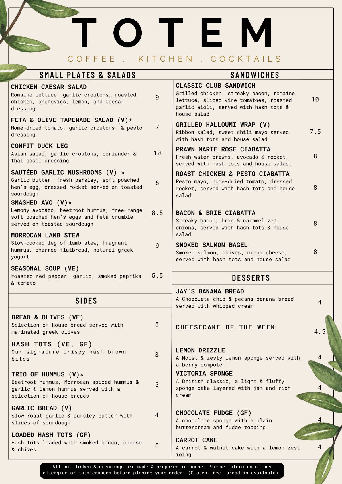 Menu at Totem cafe, Halifax, 8 Westgate