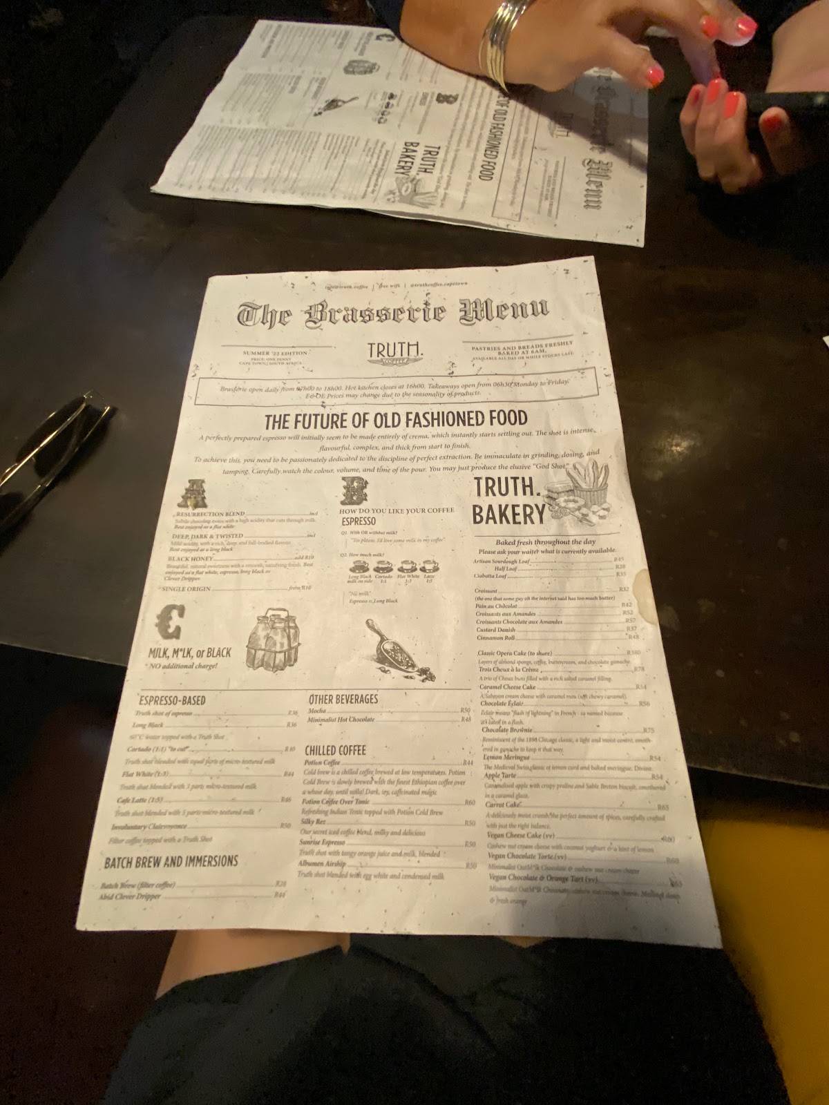 Menu at Truth Coffee Roasting cafe, Cape Town, 36 Buitenkant St
