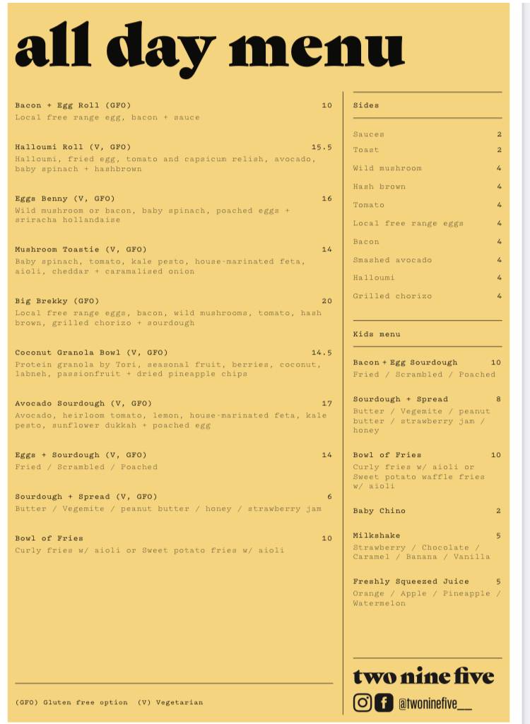 Menu at Two Nine Five cafe, Horsley