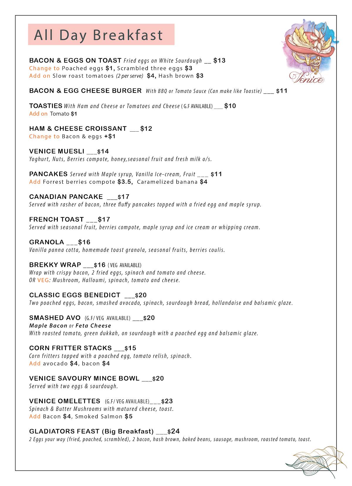 Menu at Cafe Venice, Maroochydore, Shop 5/20 Aerodrome Rd