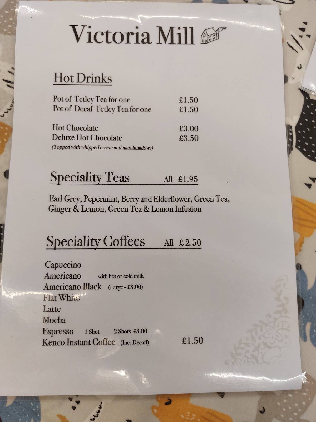 Menu at Victoria Mill cafe, Bridlington
