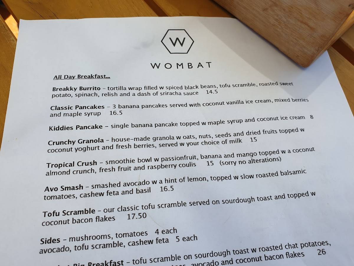 Menu at Wombat Cafe & Store, Dromana