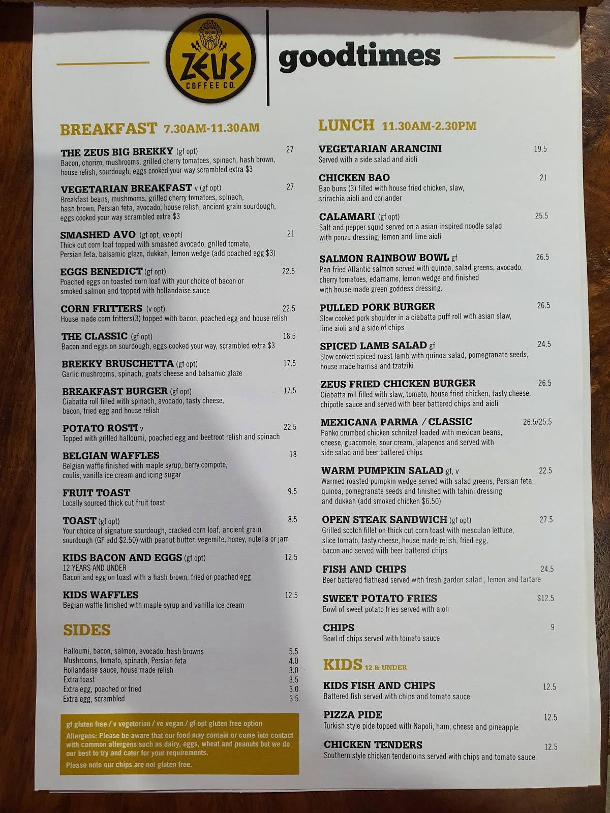 Menu at Zeus Coffee Co. cafe, Benalla