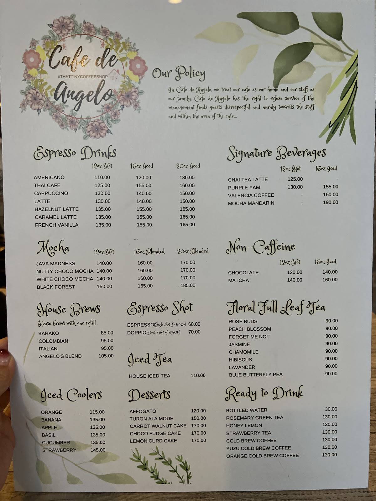 Menu at Cafe de Angelo, Baguio