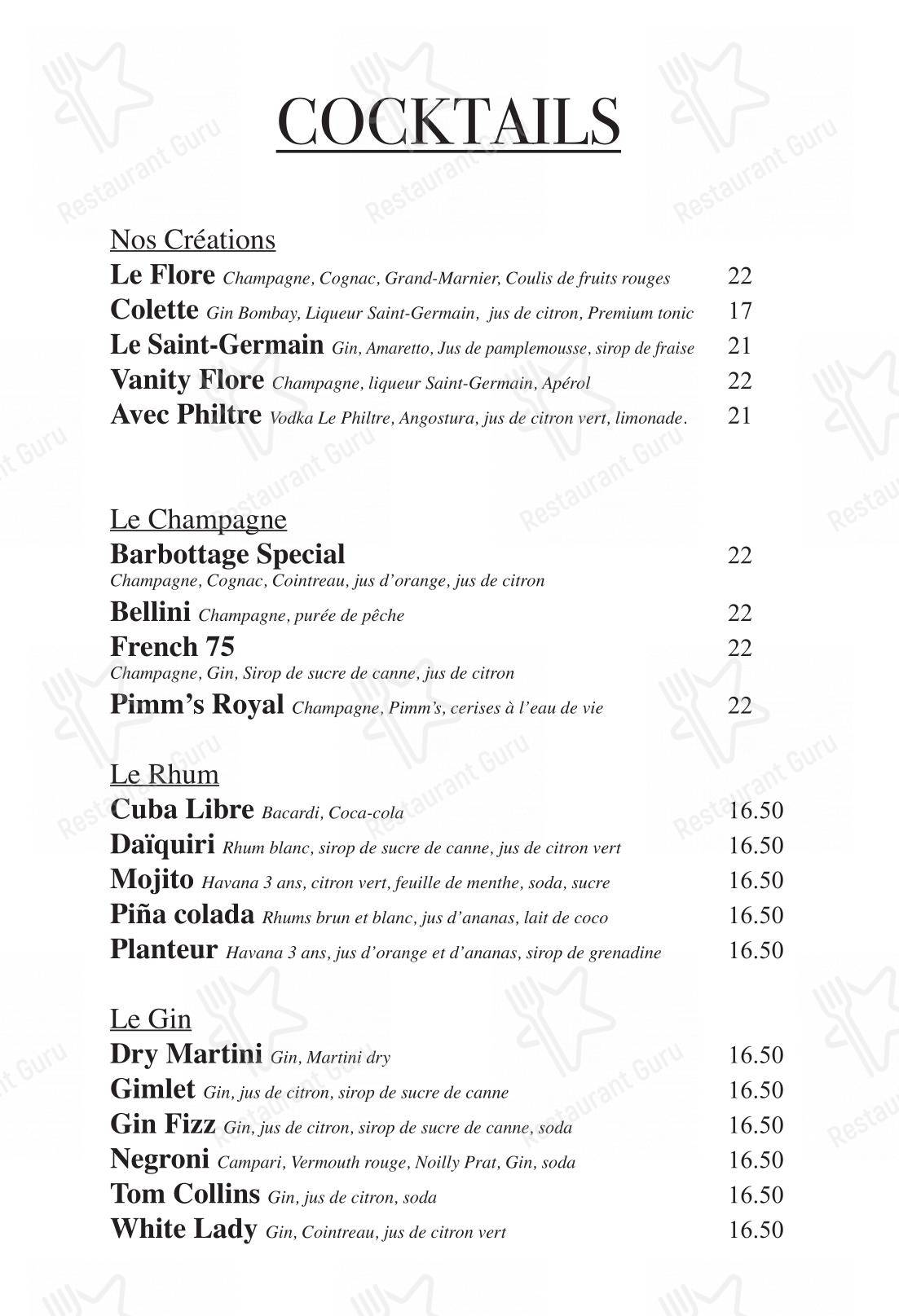 Menu at Café de Flore, Paris, 172 Bd Saint-Germain