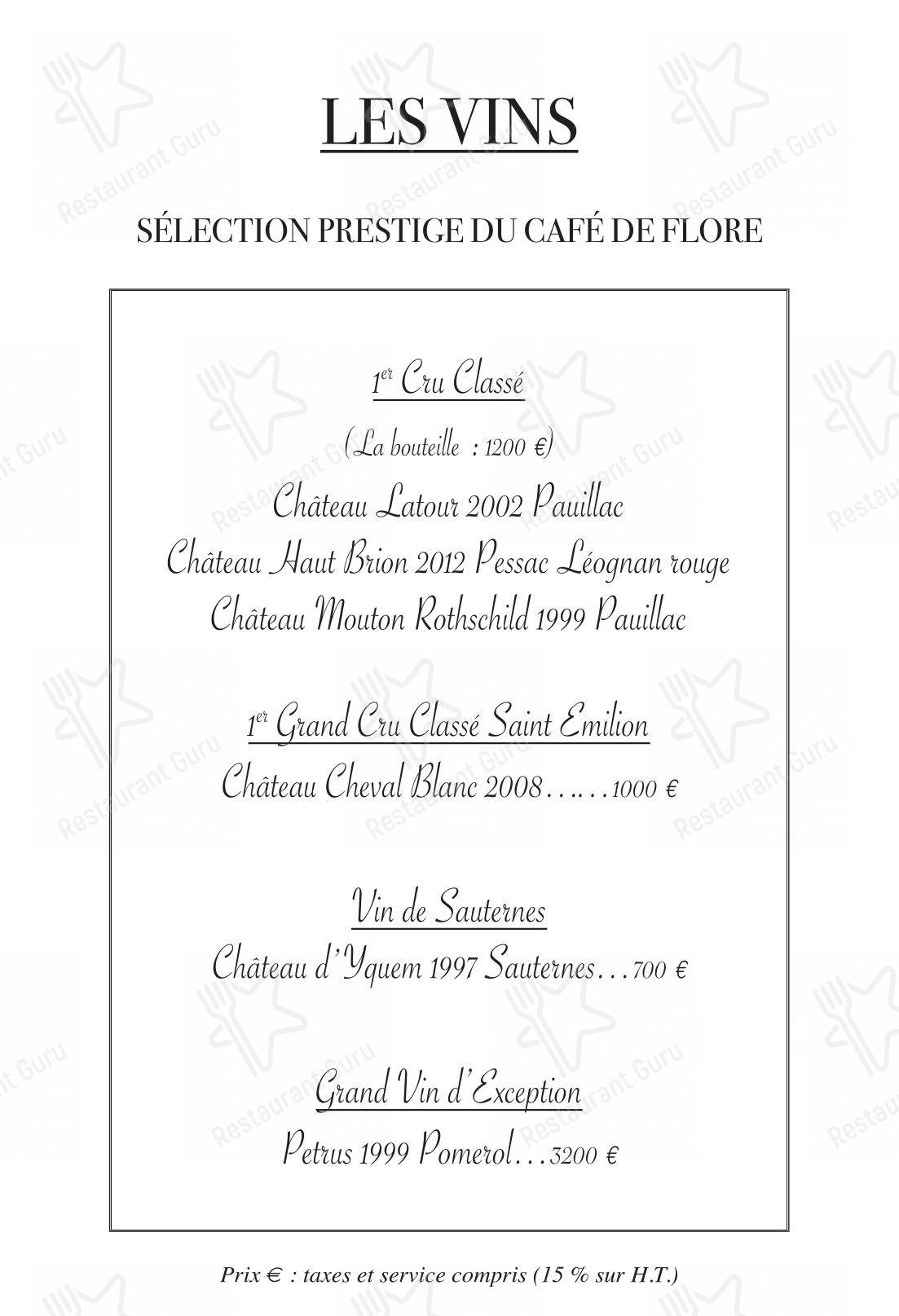 Menu au Café de Flore, Paris, 172 Bd Saint-Germain