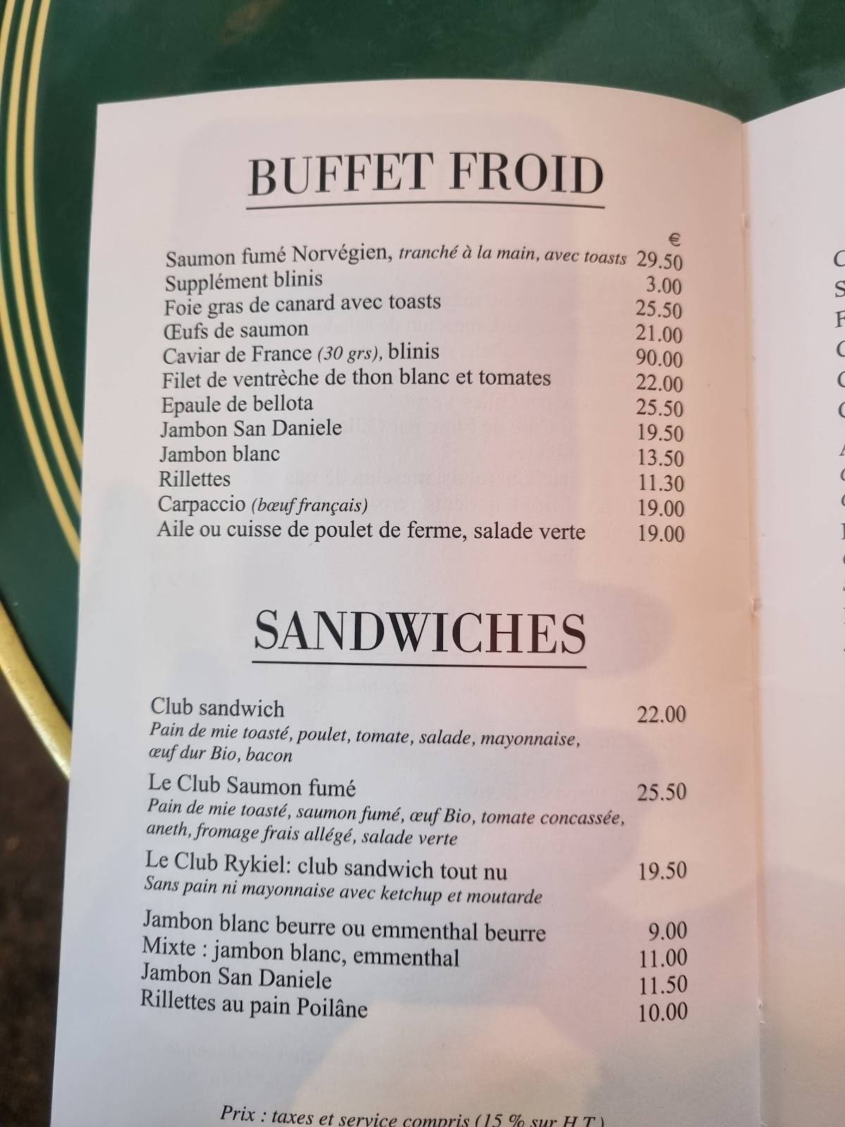 Menu at Café de Flore, Paris, 172 Bd Saint-Germain
