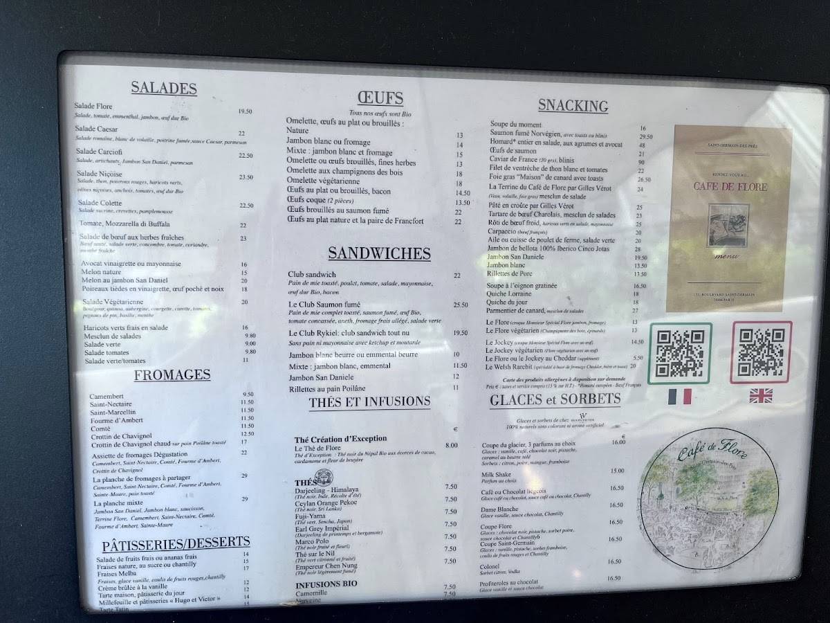 Menu at Café de Flore, Paris, 172 Bd Saint-Germain