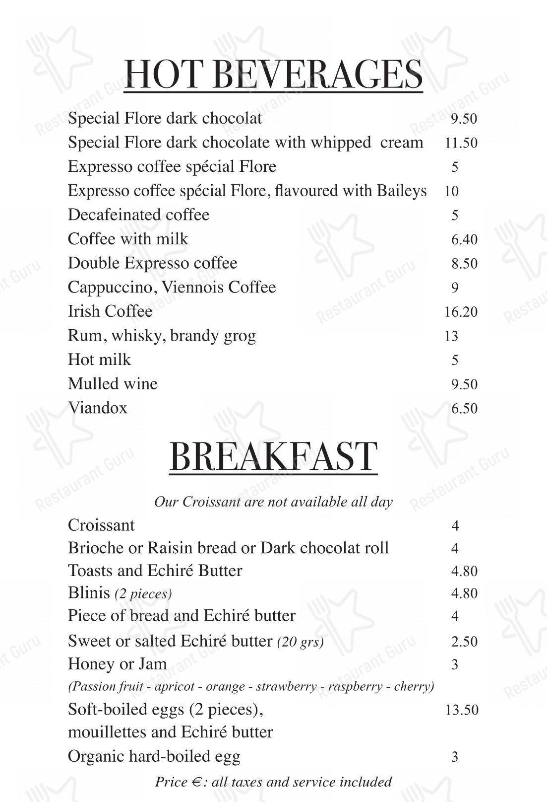 Menu au Café de Flore, Paris, 172 Bd Saint-Germain