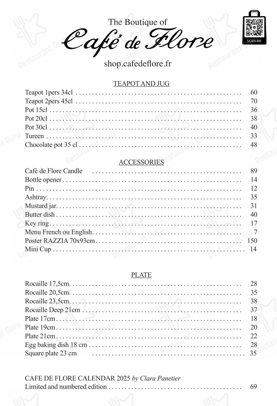 Menu at Café de Flore, Paris, 172 Bd Saint-Germain