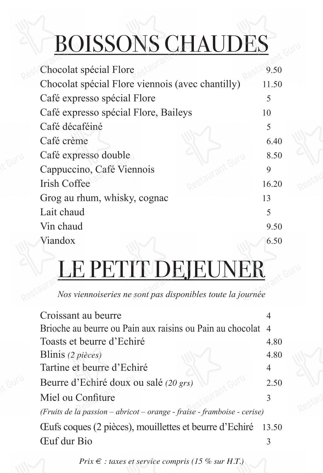 Menu at Café de Flore, Paris, 172 Bd Saint-Germain