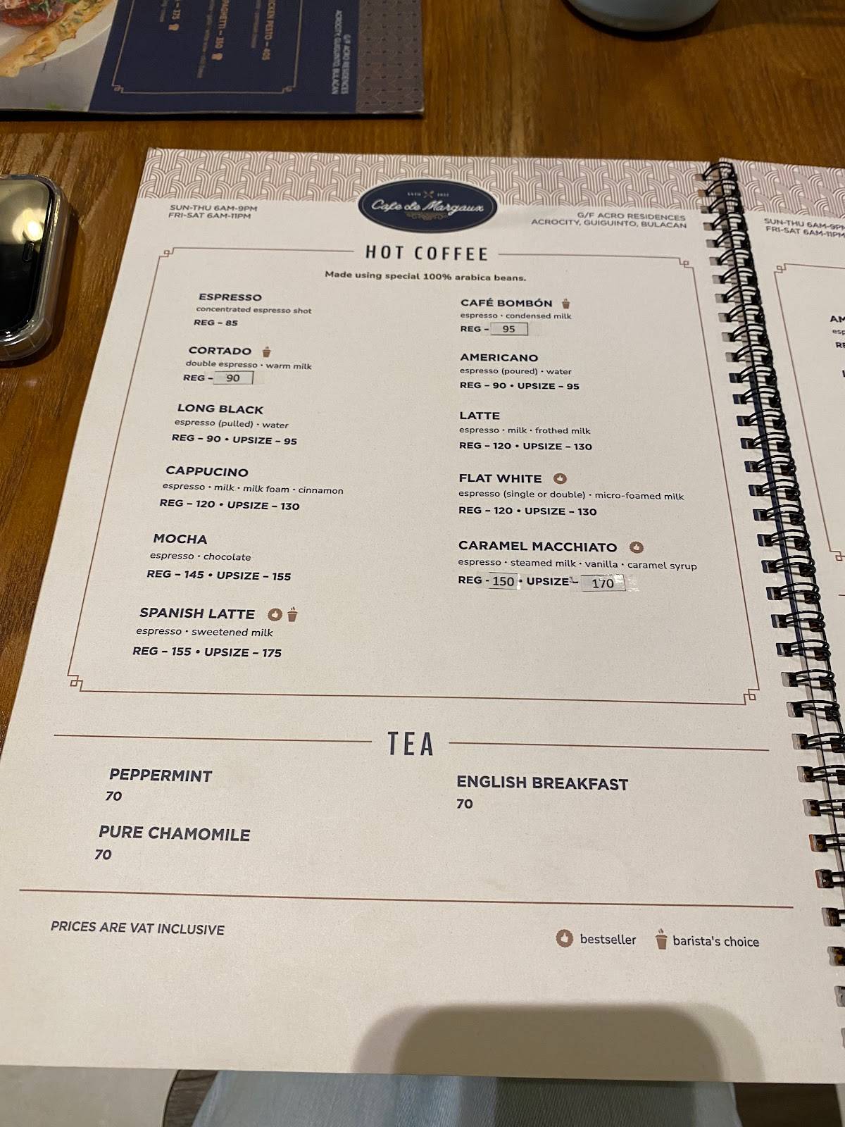 Menu at Cafe de Margaux, Guiguinto