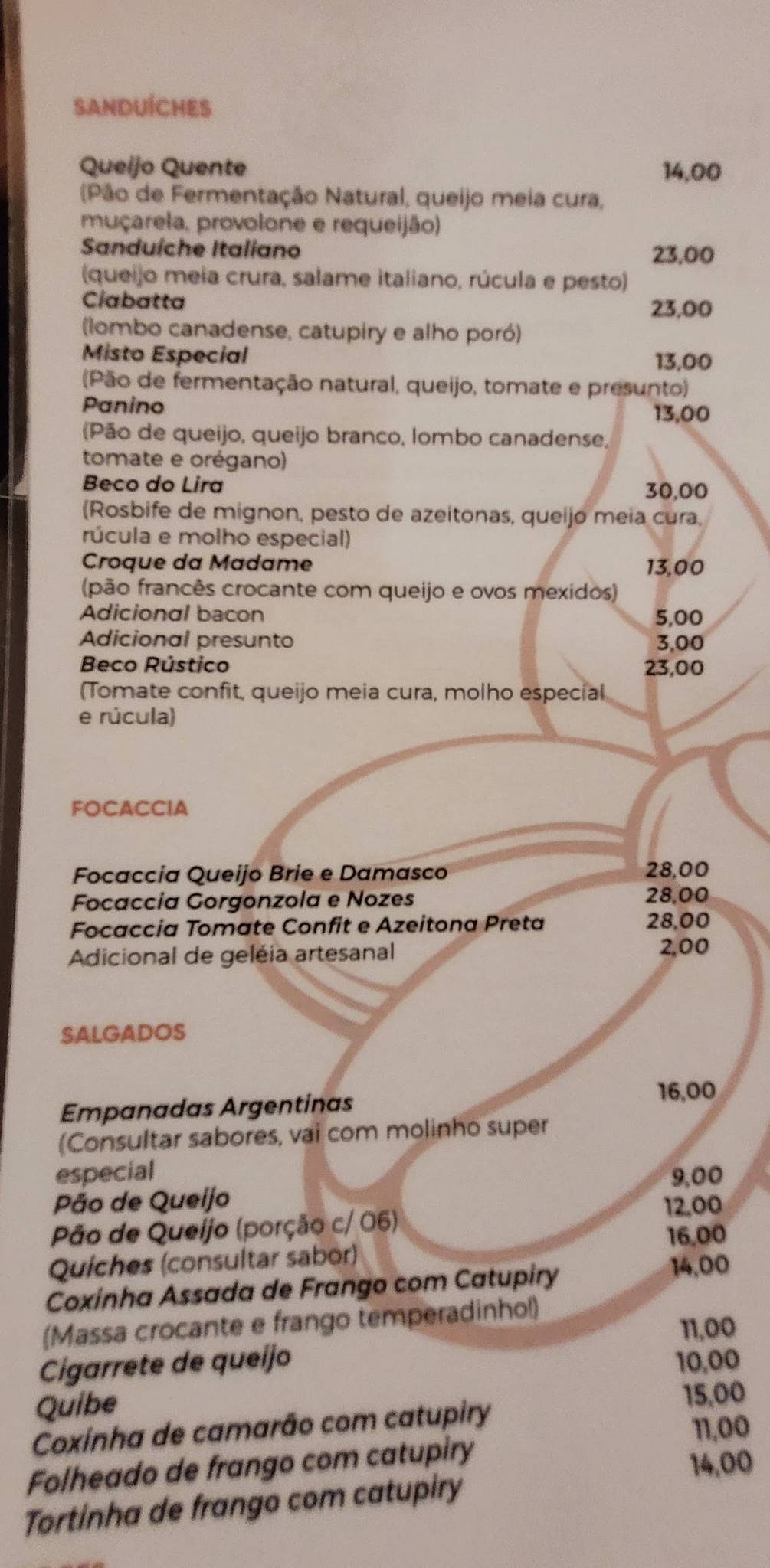 Menu em Café do Beco, Colatina