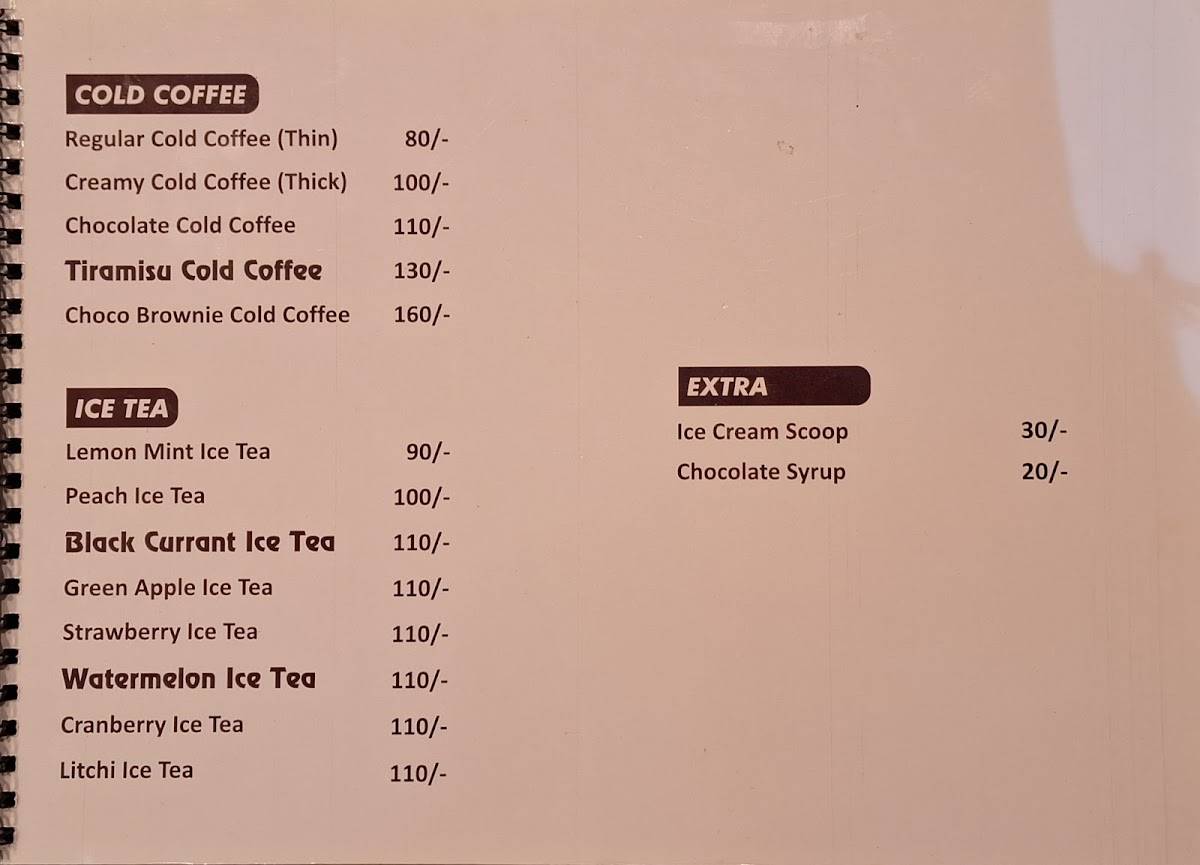 Menu at Cafe unity, Bhilwara
