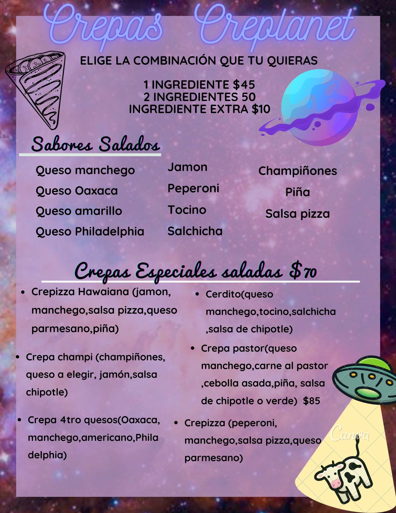 Carta de cafetería Crepas Creplanet, Ciudad de México