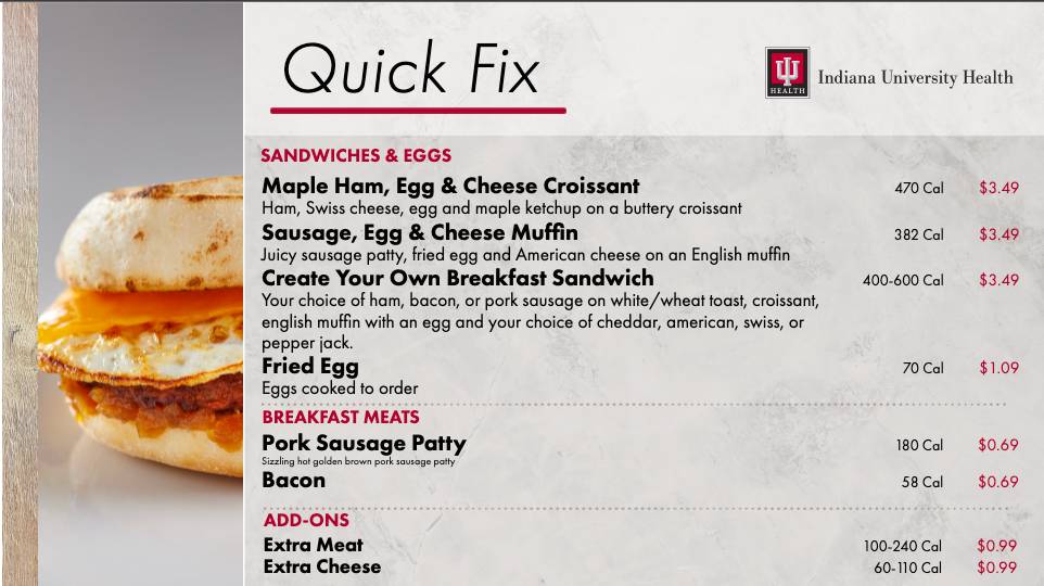 Menu at IU Health Bloomington Breakaway Café cafeteria, Bloomington