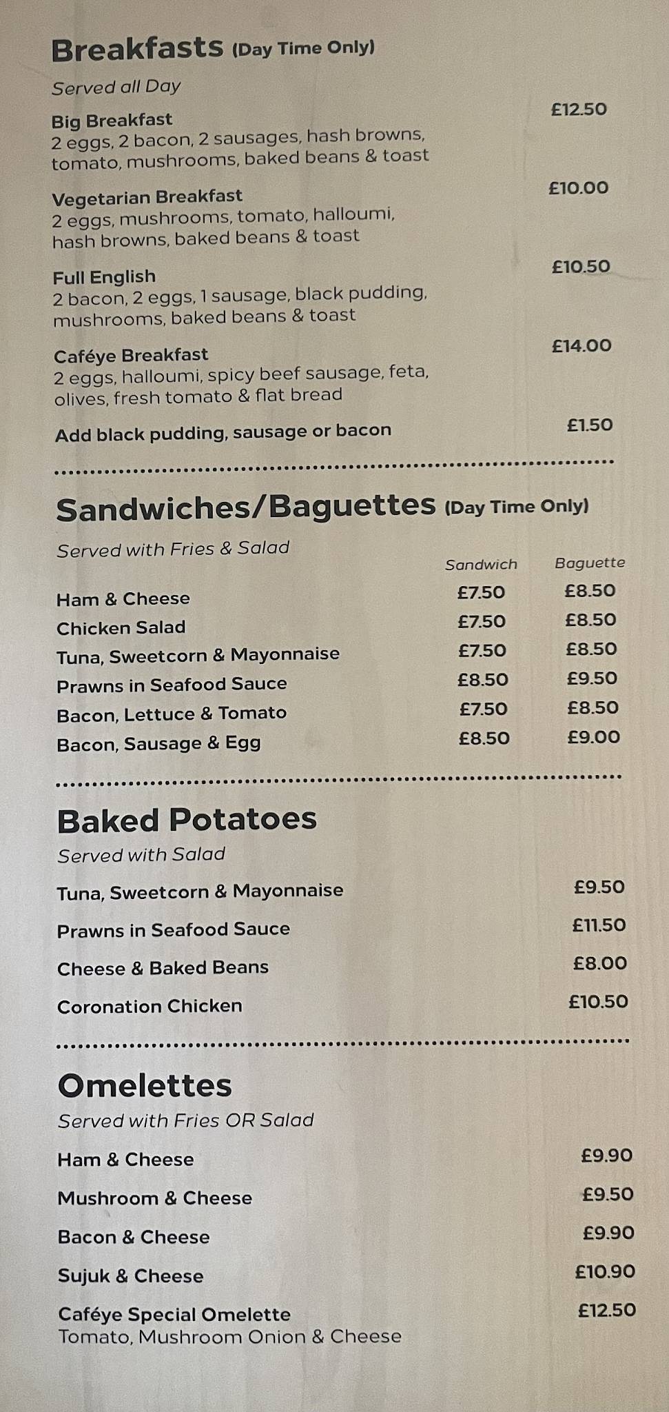 Menu at Caféye cafe, Eye