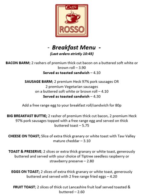 Menu at Caffè Rosso cafe, Wigan