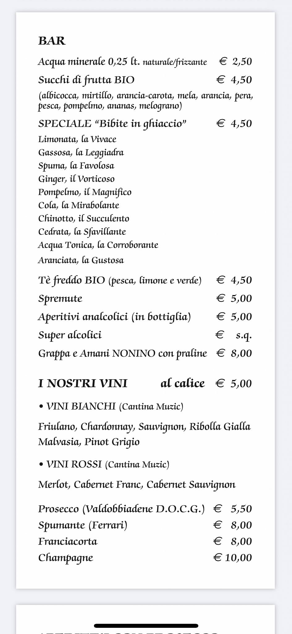 Menu da Caffè degli Specchi pub & bar, Trieste, Piazza dell'Unita d´Italia