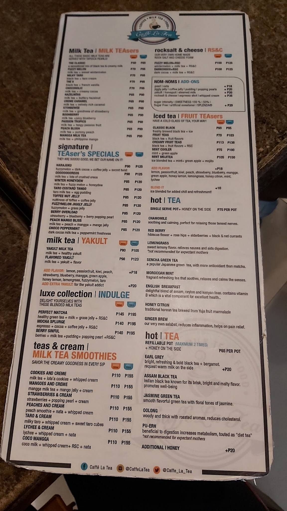 Menu at Caffe La Tea cafe, San Carlos City