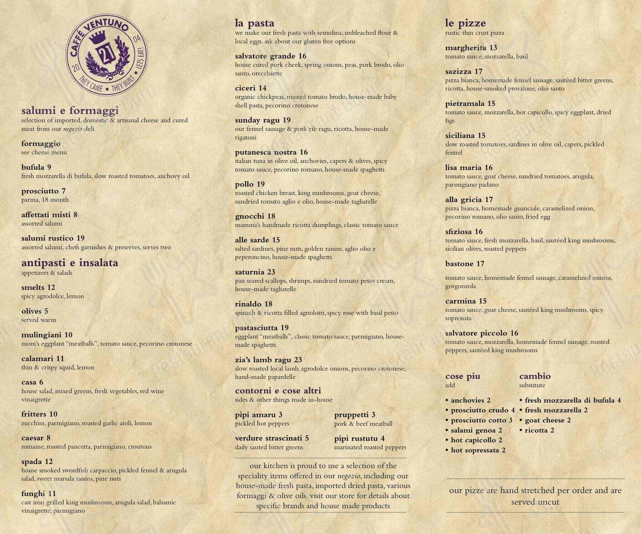 Menu at Caffe Ventuno restaurant, Ottawa