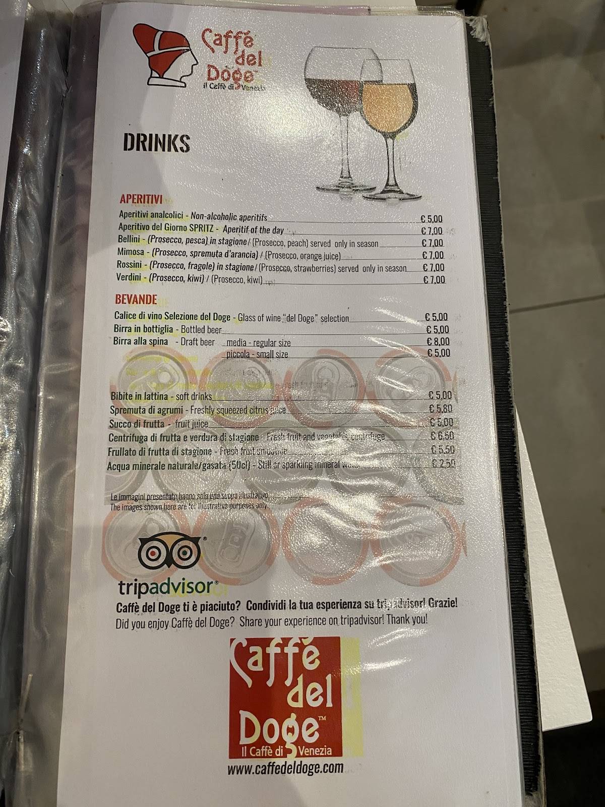 Menu at Caffè del Doge cafe, Venice, Rialto
