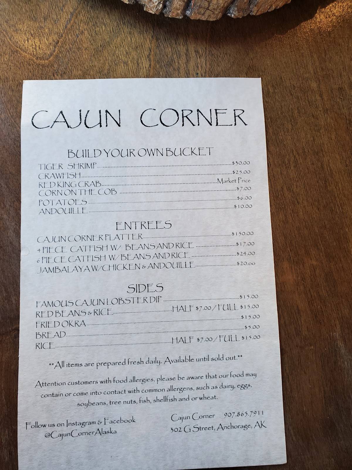 Menu at Cajun Corner restaurant, Anchorage
