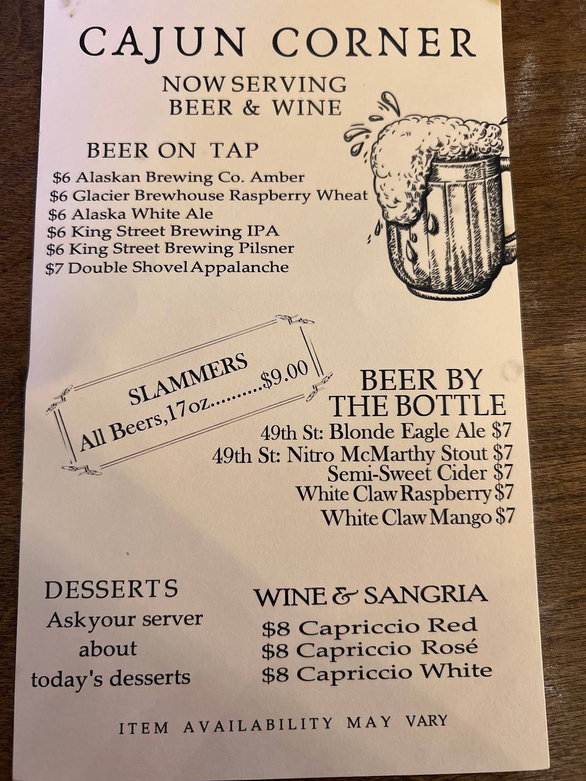 Menu at Cajun Corner restaurant, Anchorage
